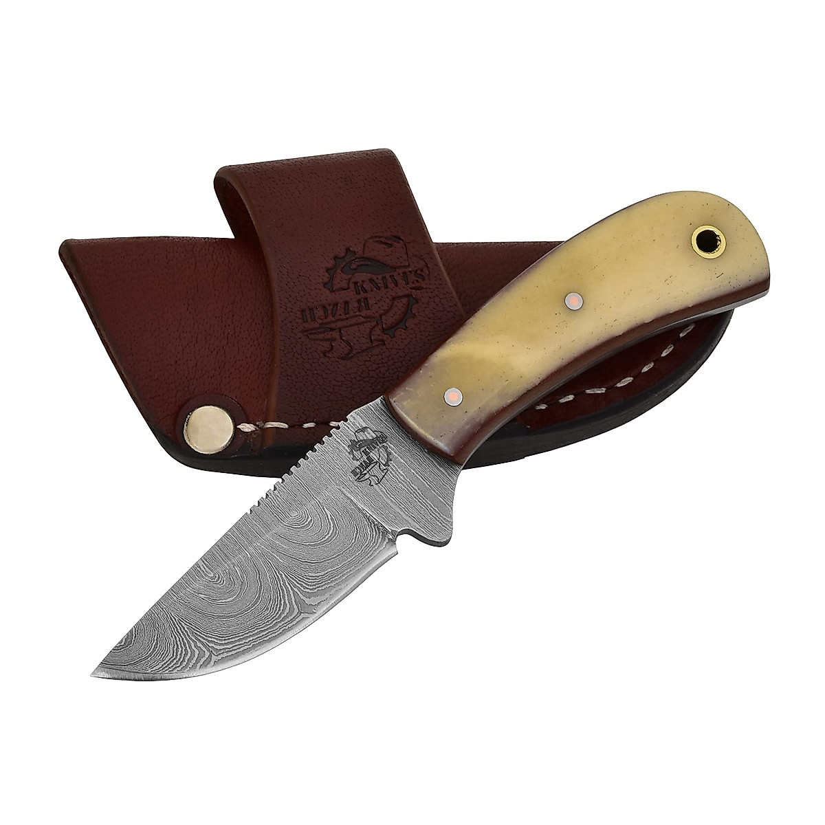 Knives Ranch Fixed Blade EDC Skinning Knife – Cattle Bone Handle – Heavy-duty Horizontal Carry Sheath (2006-B)