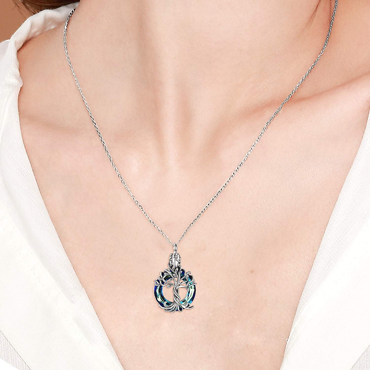 TOUPOP Cremation Jewelry Sterling Silver Tree of Life Urn Necklace for Ashes with Blue Circle Crystal Keepsake Jewelry w/Funnel Filler Gifts for Women Girls Friend