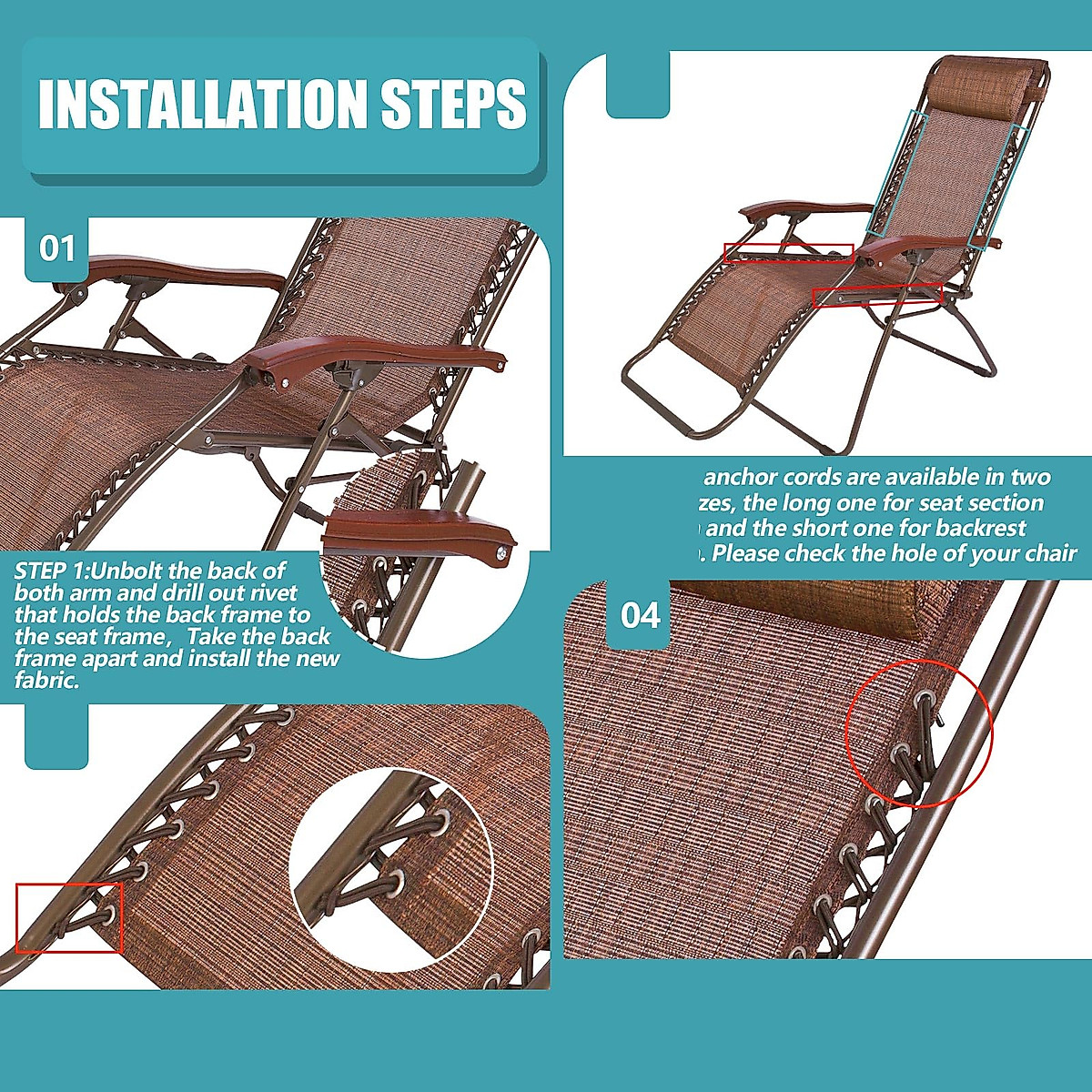 Queekay 2 Pcs Gravity Chair Replacement Fabric with 8 Bungee Cord Lounge Chair Cloth Mesh Patio Chair Repair Kit for Patio Recliner Outdoor Lawn Pool Beach Sling Chair(Brown, 63" x 21")