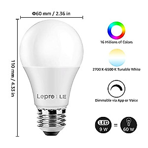 Smart WiFi Light Bulbs, LED Color Changing Lights, Works with Alexa & Google Assistant, RGBW 2700K-6500K, 60 Watt Equivalent, Dimmable with App, A19 E26, No Hub Required, 2.4GHz WiFi Only, Pack of 4