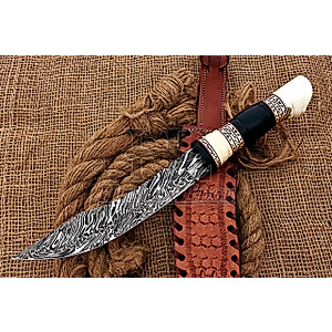 HUNTEX Unique Custom Handmade Hand-Forged Ladder Pattern Damascus Steel 12 Inch Long Full Tang Buffalo Horn Handle Razor Sharp Hunting Camping Spay Point Slicer Knife with Genuine Leather Sheath