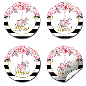 Ooh La La Paris Thank You Sticker Labels, 40 2" Party Circle Stickers by AmandaCreation, Great for Party Favors, Envelope Seals & Goodie Bags