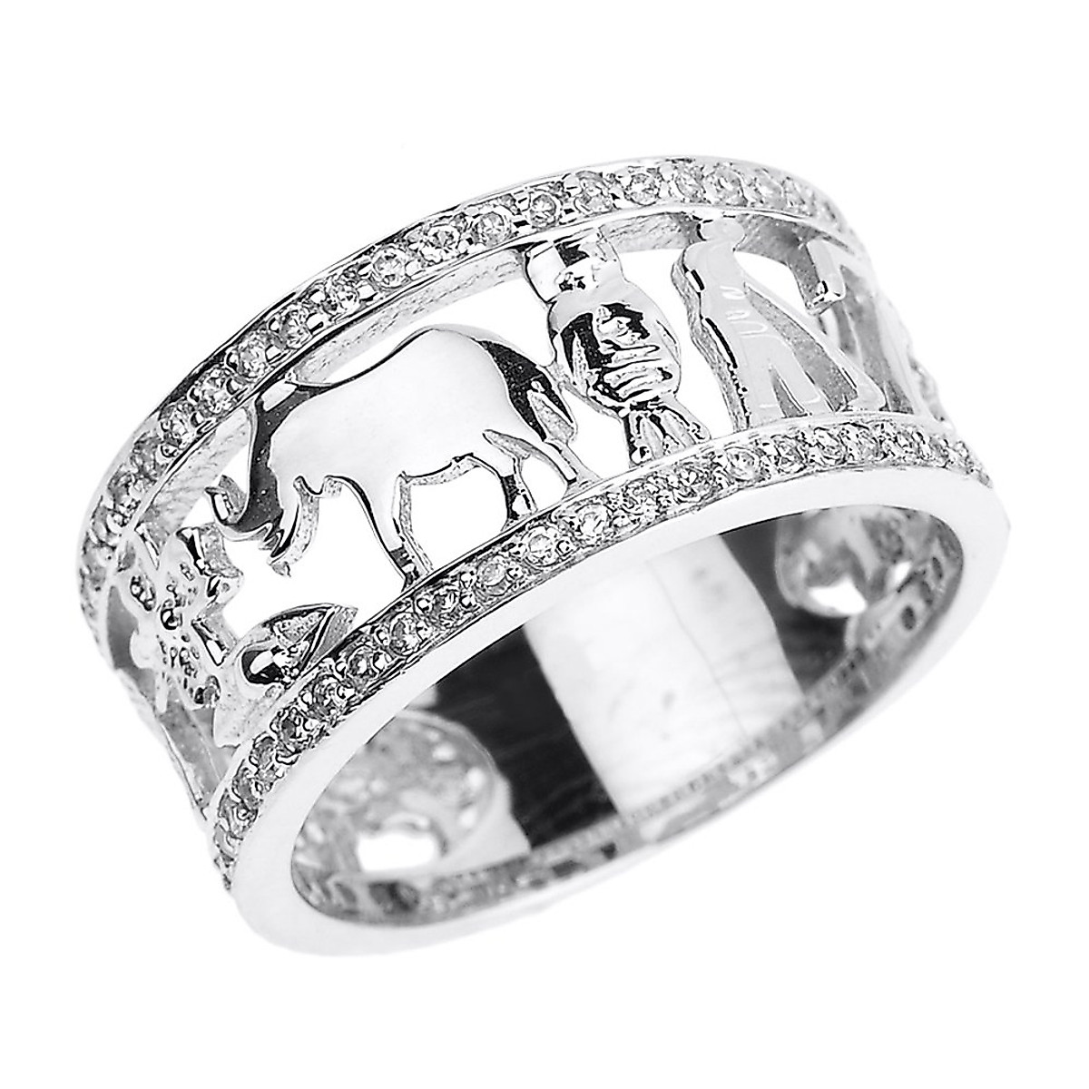 Good Luck Charms Solid 10k White Gold CZ Studded Ring with Elephant, Owl, Horseshoe, Seven, Evil Eye and Clover Flower (Size 7)