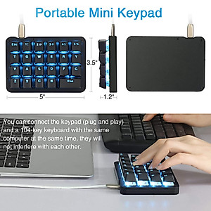 Koolertron One Handed Macro Mechanical Keyboard, Blue LED Backlit Portable Mini One-Handed Mechanical Gaming Keypad 23 Fully Programmable Keys Red Switches (Blue Backlit/Red switches)