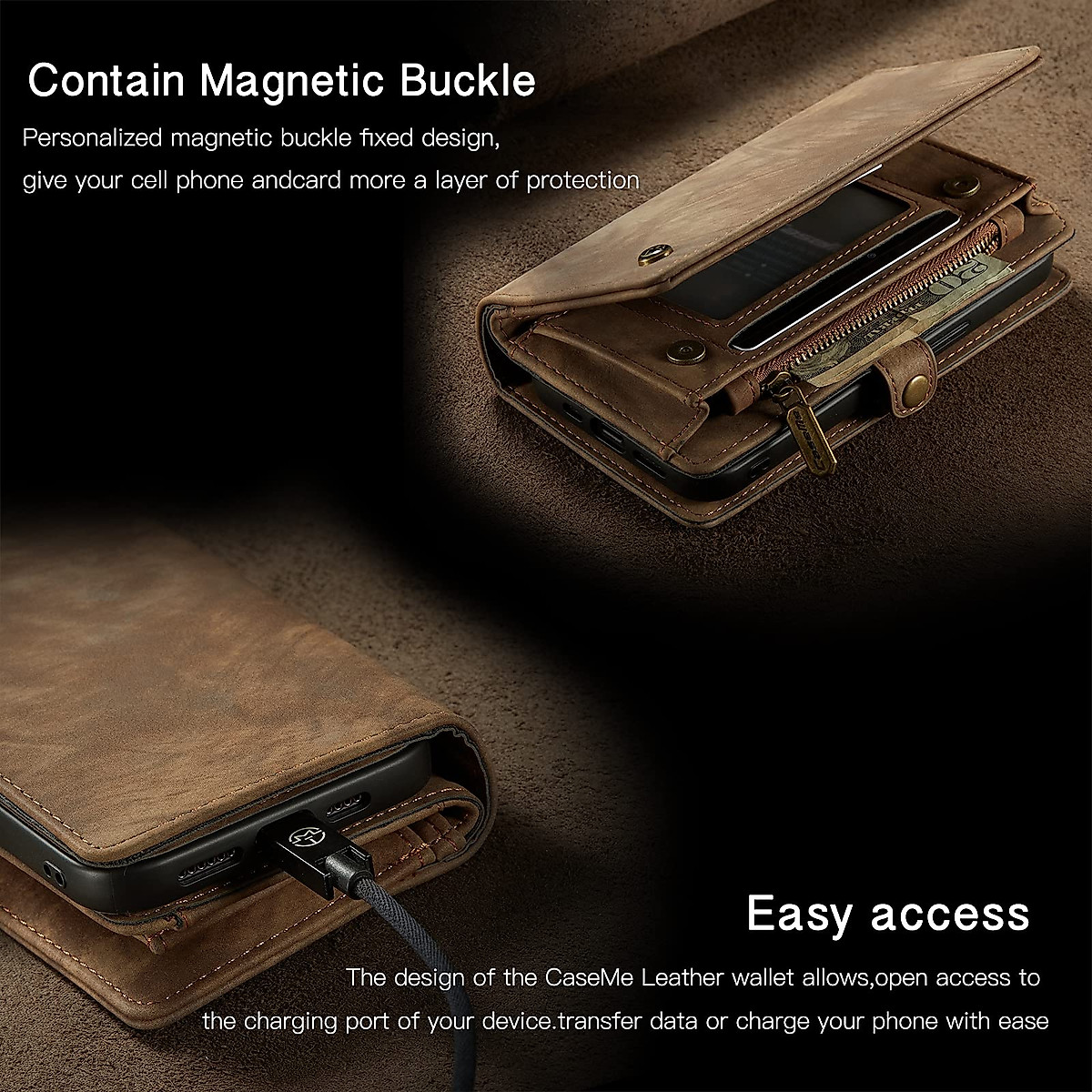 SZHAIYU Wallet Case Compatible with iPhone 13 Mini Cover with Card Holder Leather Flip Retro 2 in 1 Detachable Magnetic Zipper Pocket Thin Phone Cases 5.4' (Brown)