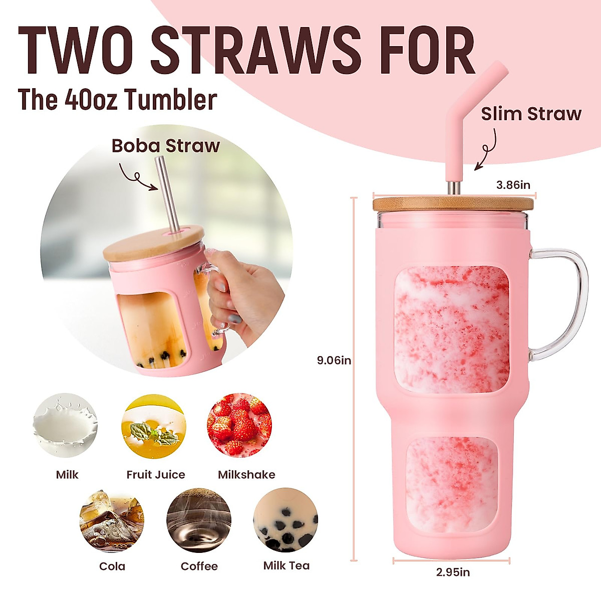 COMOOO 40oz Glass Tumbler with Bamboo Lid and Straw, Glass Water Cup with Handle, Iced Coffee Drinking Cup with Silicone Sleeve, Glass Water Bottle Dishwasher Safe, Cup Holder Friendly, Pink