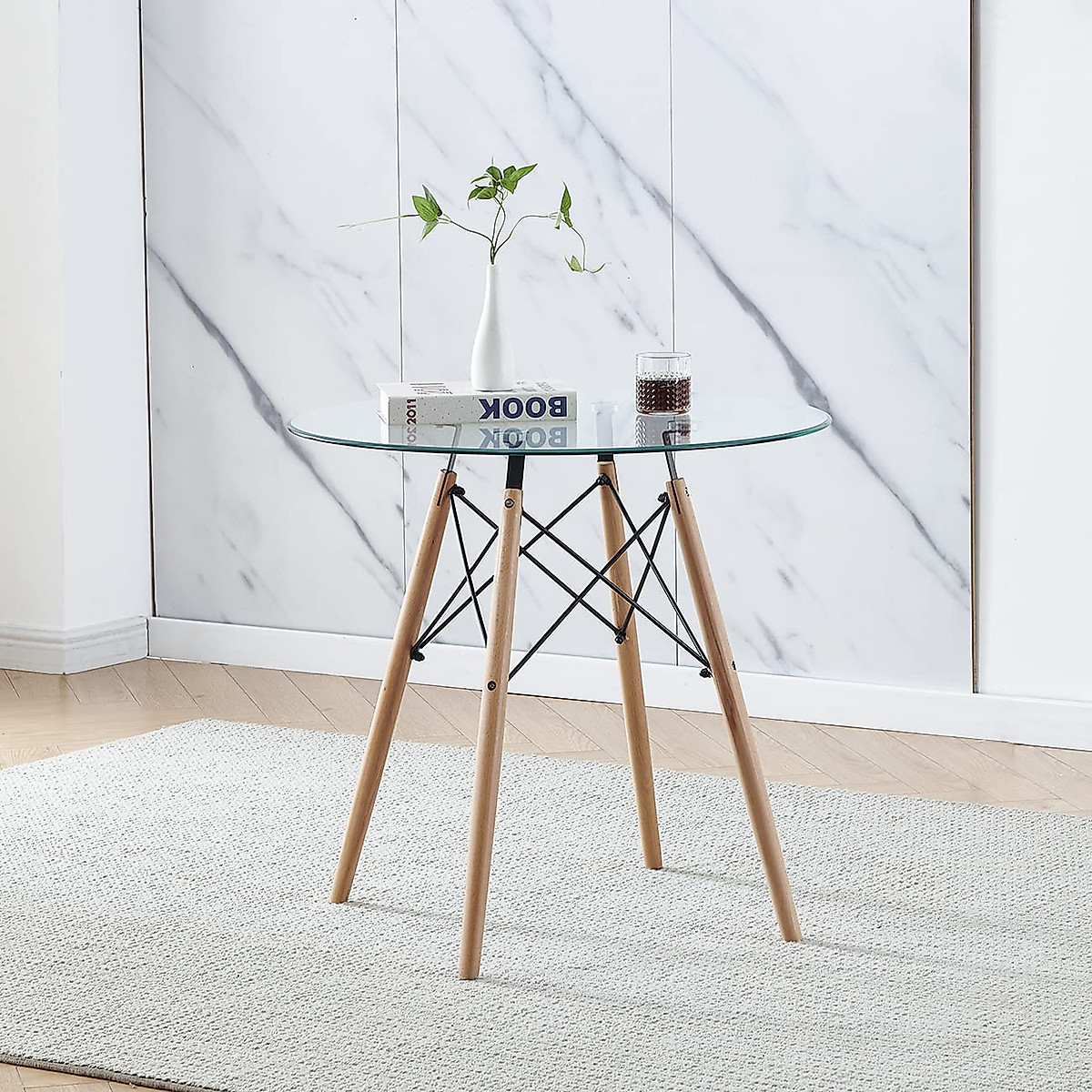 NIBLU Round Glass Dining Table Set for 2,Person Small Round Dinner Table and Velvet Chairs Set for Kitchen Room, 32 inch Leisure Coffee Table for Living Room Accent Table