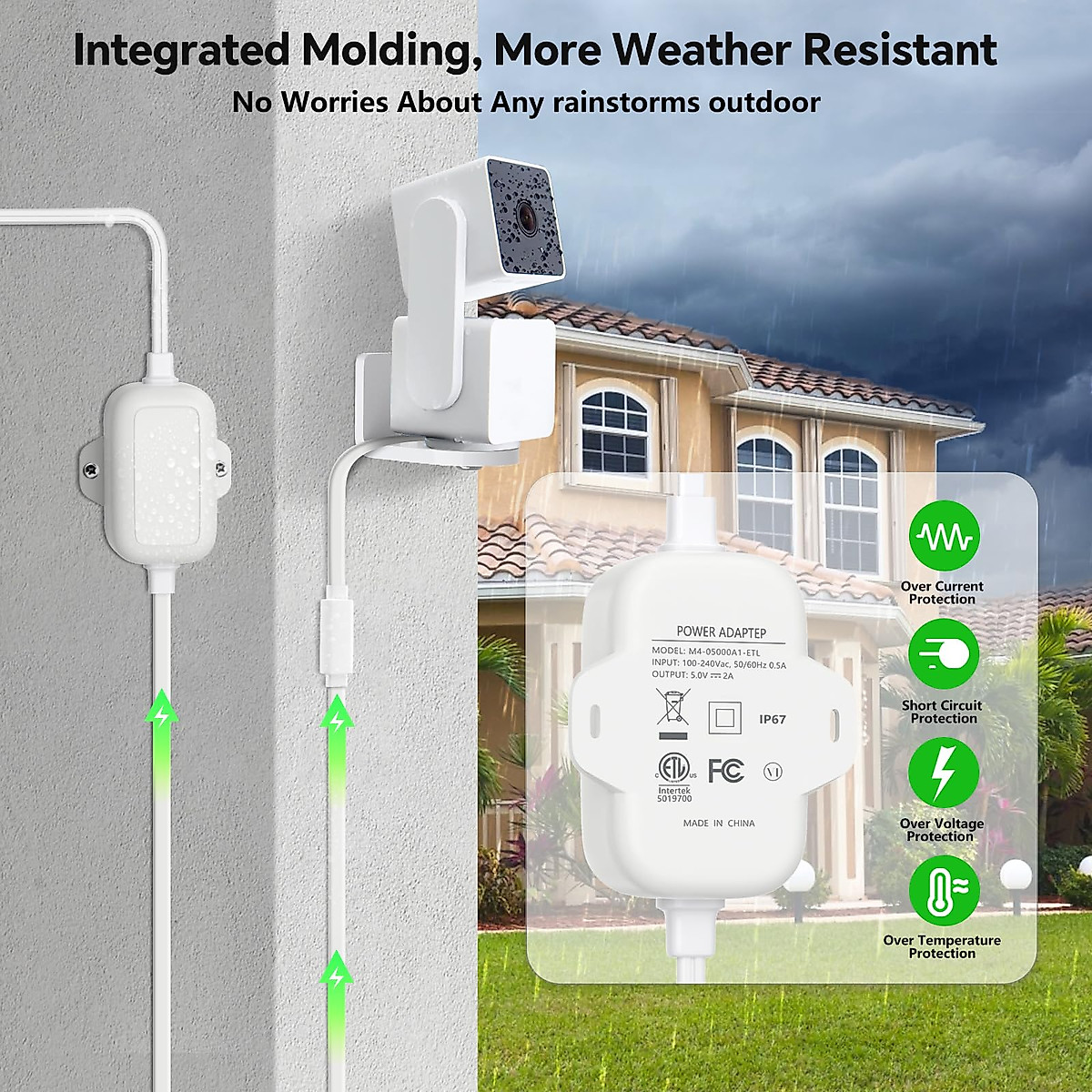 30FT Outdoor Power Adapter for WYZE Cam V4, WYZE Cam OG/V3/V3 Pro, L-Shape Micro USB Extension Cable for WYZE Cam Pan V3, Replace for WYZE Plug, IP67 Waterproof Flat Cable Charge Your WYZE Camera