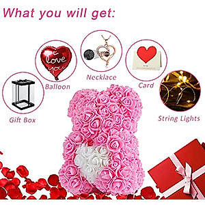 U UQUI Rose Bear Gifts for Her, Flower Bear Rose Teddy Bear with Box Lights Necklace Balloon Card, Cute Romantic I Love You Anniversary Birthday Gifts & Decorations