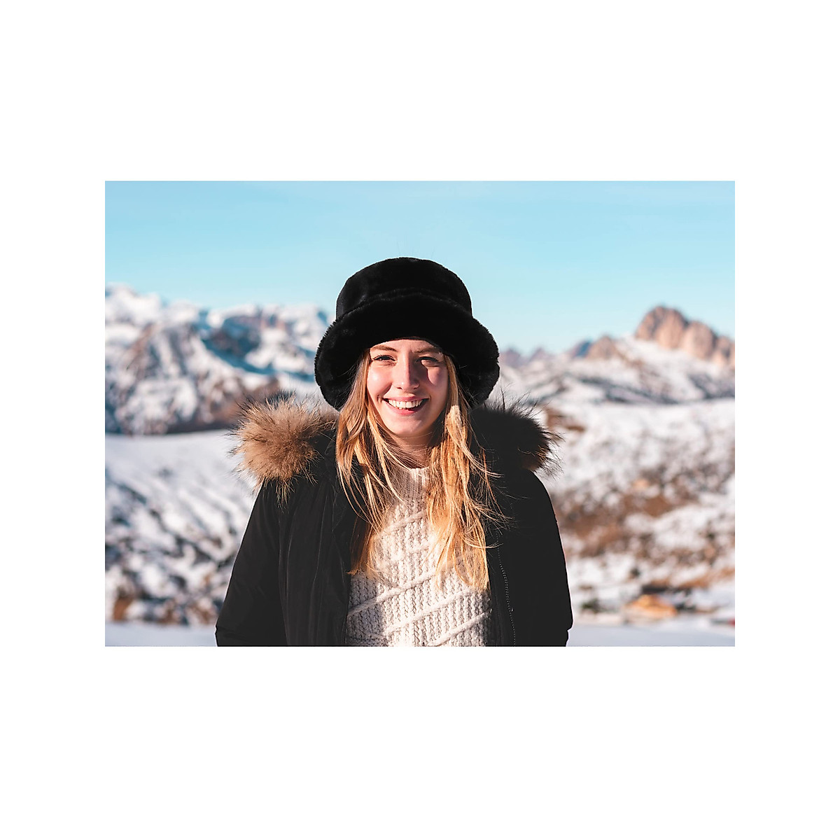 Rulala Fancy Women's Faux Fur Bucket Hats Fluffy Winter Warm Ladie's Unique Printed Fisherman Cap(Black)