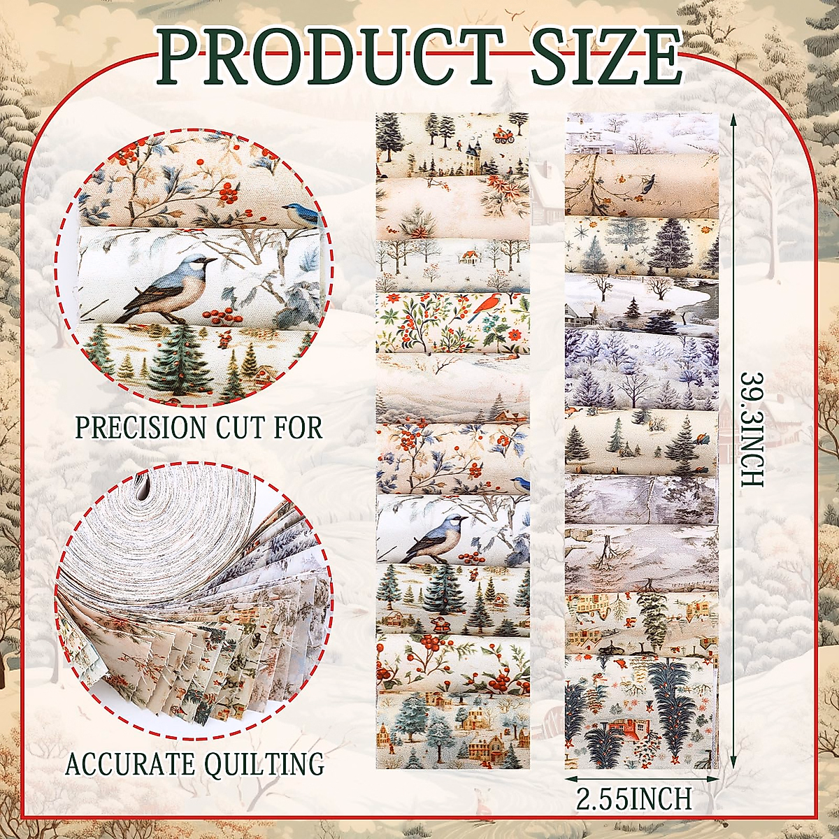 Fanfanwin 40 Pcs Vintage Christmas Quilting Fabric Jelly Fabric Squares Patchwork Roll 2.56 Inch Precut Xmas Tree Snowflake Fabric Strips for Xmas Craft Sewing DIY