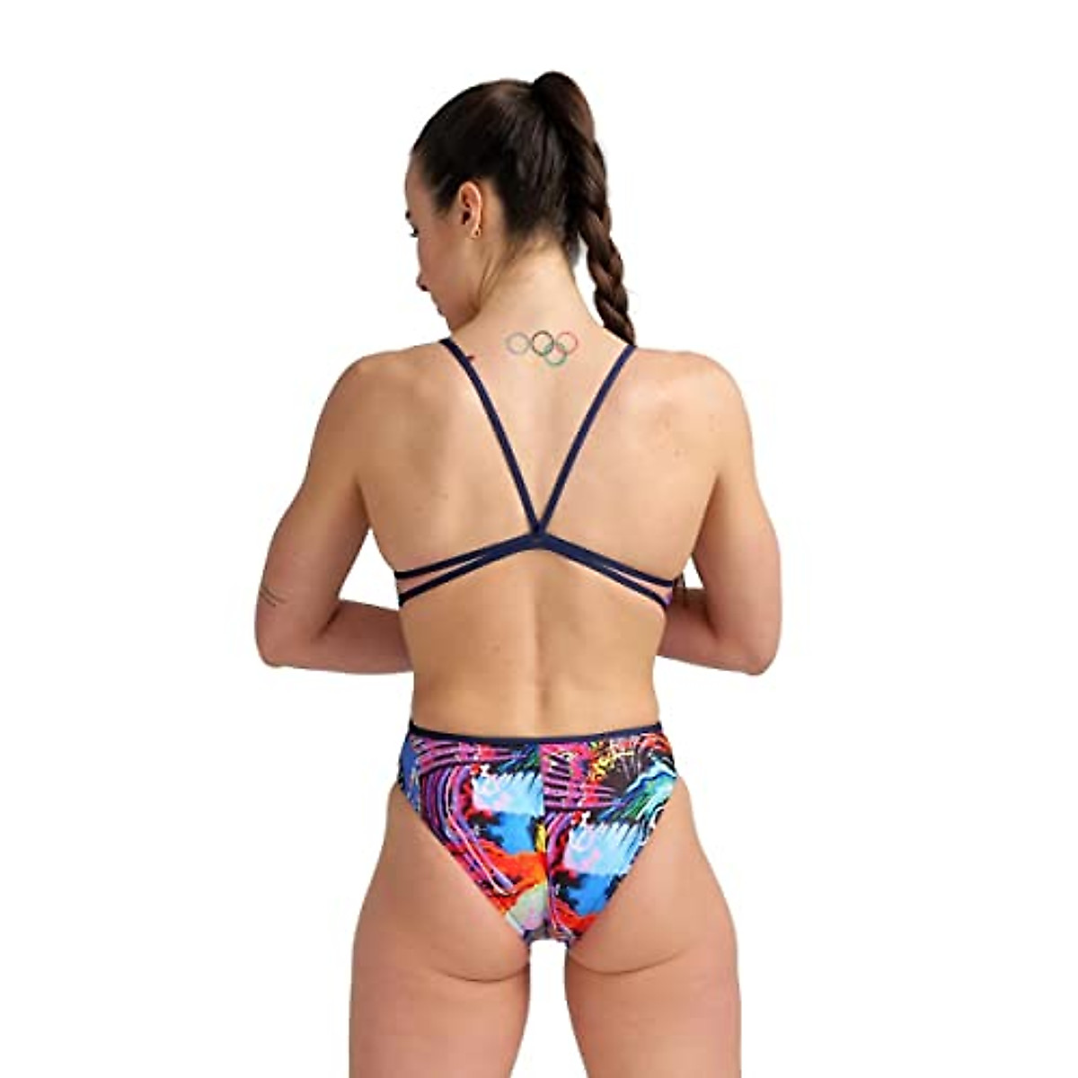 Arena Women's Standard Swimsuit Lace Back Allover, Navy-Multi, 38