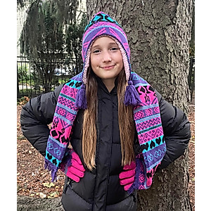 N'Ice Caps Kids Hat Glove Scarf Girls Winter Knit Accessory Set Warm Sherpa Lined 3 Piece (8-12 Years, purple/turq/fuchsia/black)