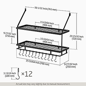 KES 30-Inch Kitchen Pot Rack - Mounted Hanging Rack for Kitchen Storage and Organization- Matte Black 2-Tier Wall Shelf for Pots and Pans with 12 Hooks - KUR215S75B-BK
