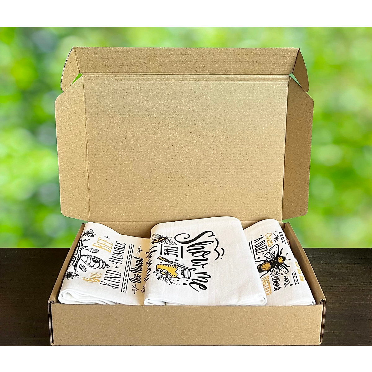 Honey Bee Kitchen Towels with Hanging Loop - Set of 5 100% Cotton Flour Sack Hand Towels - Home Decor Housewarming Hostess Mother's Day Gift for Bee Lover