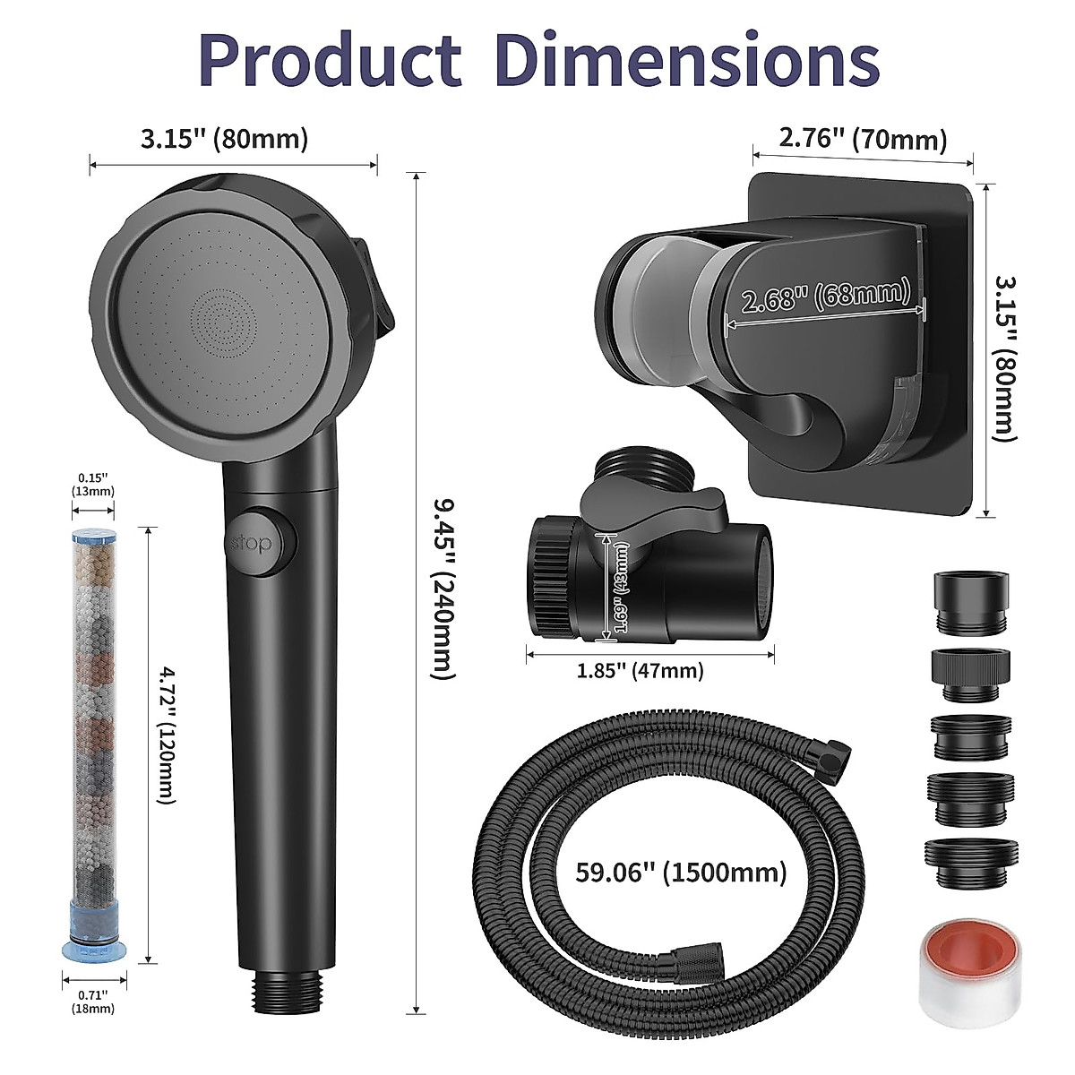 HOWUWEY Sink Hose Attachment With 5 Adapters, Tub Sprayer, 3 Spray Modes Shower Head, ON/OFF Button, Filtered Sprayer for Faucet (Matte Black)