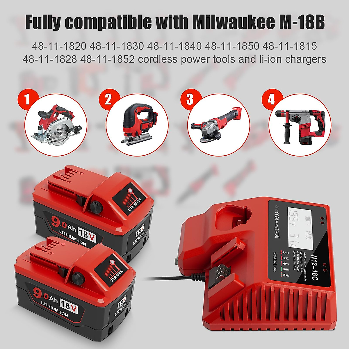 Komifolen 2 Pack 9.0Ah 18V Battery and Charger Replacement for Milwaukee M18 Batteries 48-11-1880 48-11-1860 48-11-1850 48-11-1828,2024 New Version High Demand