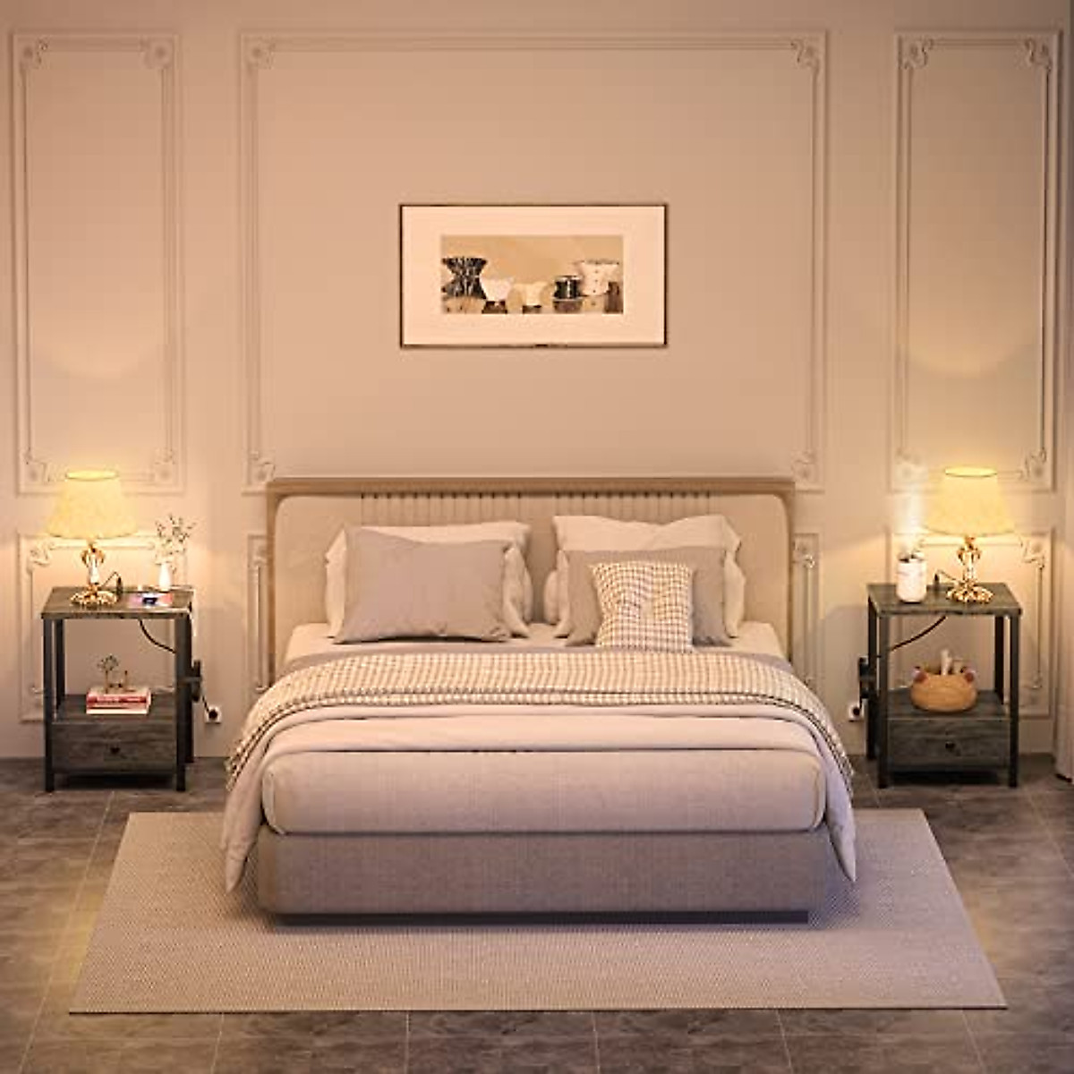 Ecoprsio Nightstands Set of 2 with Charging Station, Modern Night Stand Bedside Table with Storage Drawer and Shelf, End Side Table with USB Ports & Power Outlets for Bedroom Living Room, Grey Oak