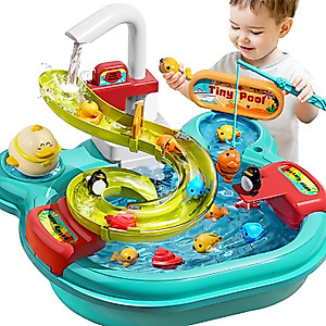 Jiakora Play Sink with Running Water, 3-in-1 Toddler Kitchen Toys, Water Table, Fishing Set, Tracks, Pretend Play Kitchen Cleaning Set water toys for toddlers 1-3