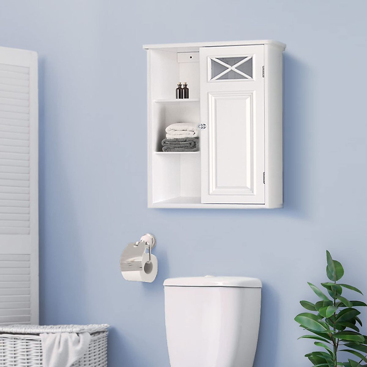 Teamson Home Dawson Wooden Removable Wall Medicine Cabinet Bathroom Storage Space Saver with 3 Open Shelves 1 Door Adjustable Inner Shelf, White