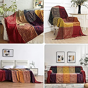 Boho Throw Blanket, Chenille Jacquard Tassels Throw Blankets for Bed Couch Soft Chair， Bohemian Fringe Tassels (Red, S:60x75