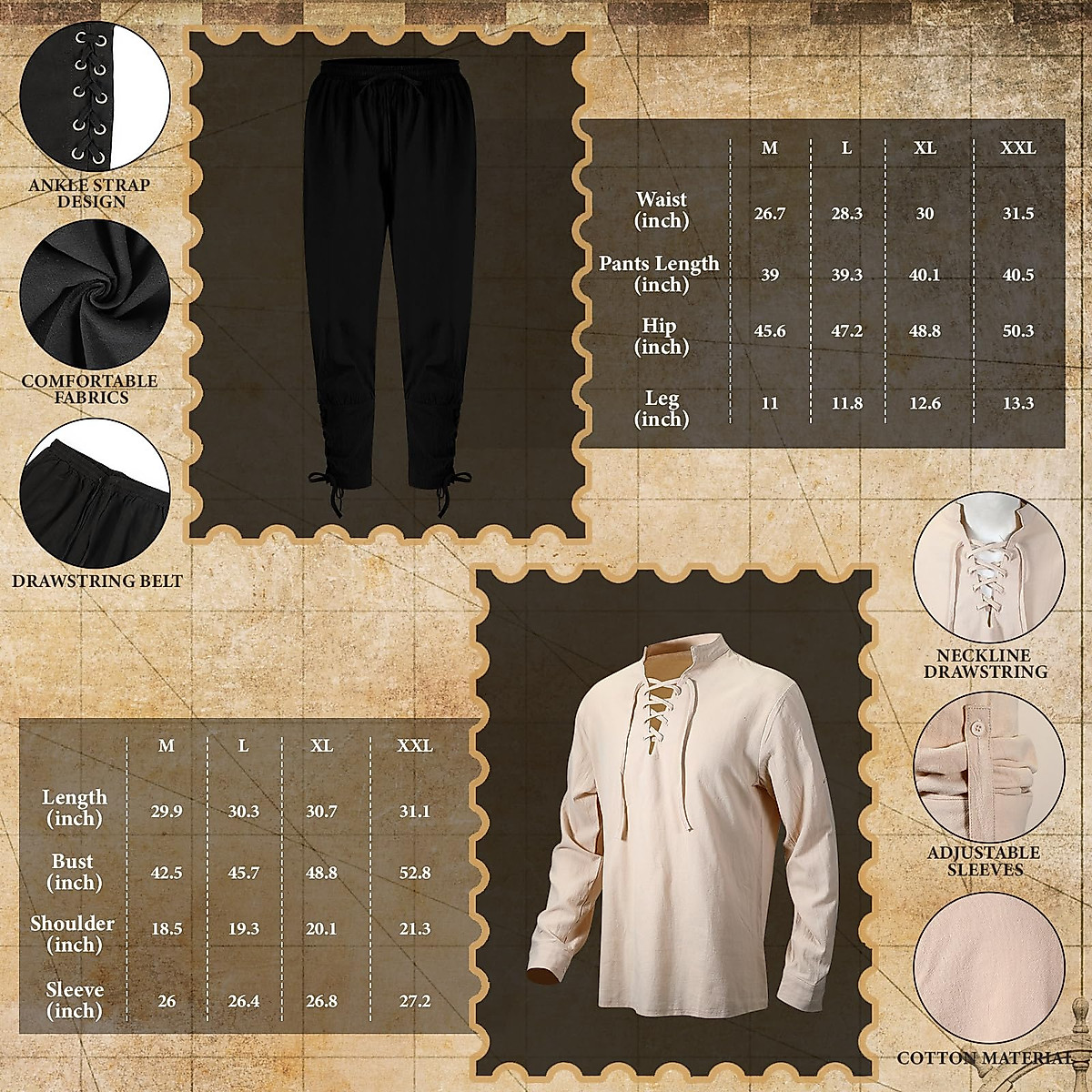 Xtinmee 4 Pcs Halloween Men Renaissance Costume Set Medieval Pirate Viking Costume Shirt Pant Belt Bag(Black, Beige Coffee,Large)