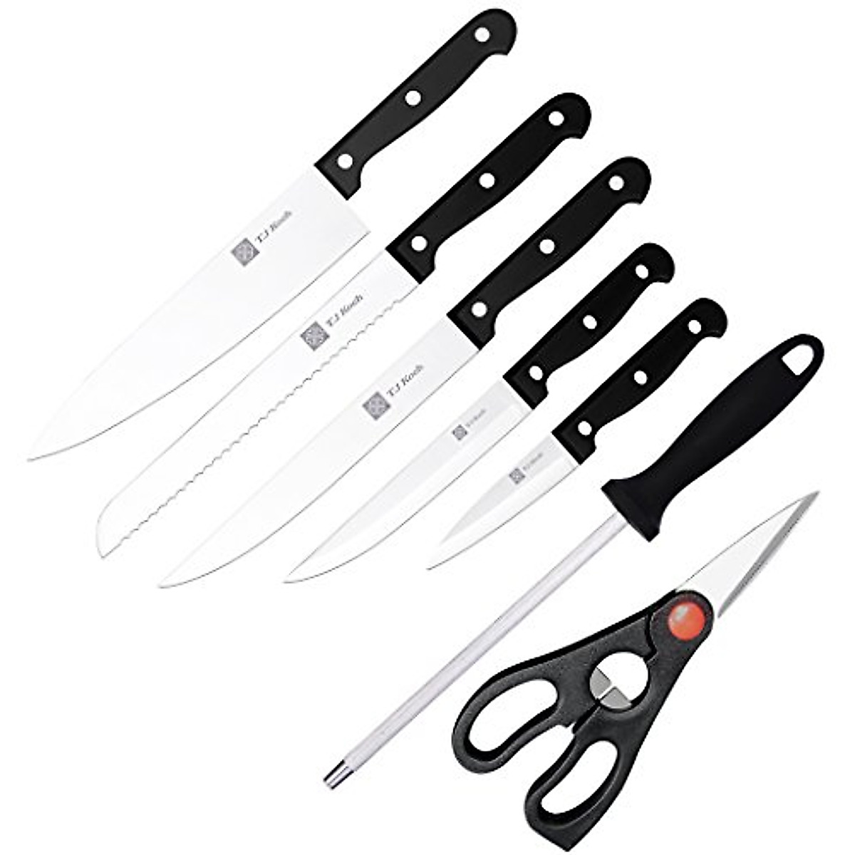 T.J Koch Knife Set 15 Pcs with Block Cutting Board Kitchen Knives Set 8" Chef Slicing Bread 5" Utility 3½" Paring 4½" Steak Knives x 6 Sharpener Steel
