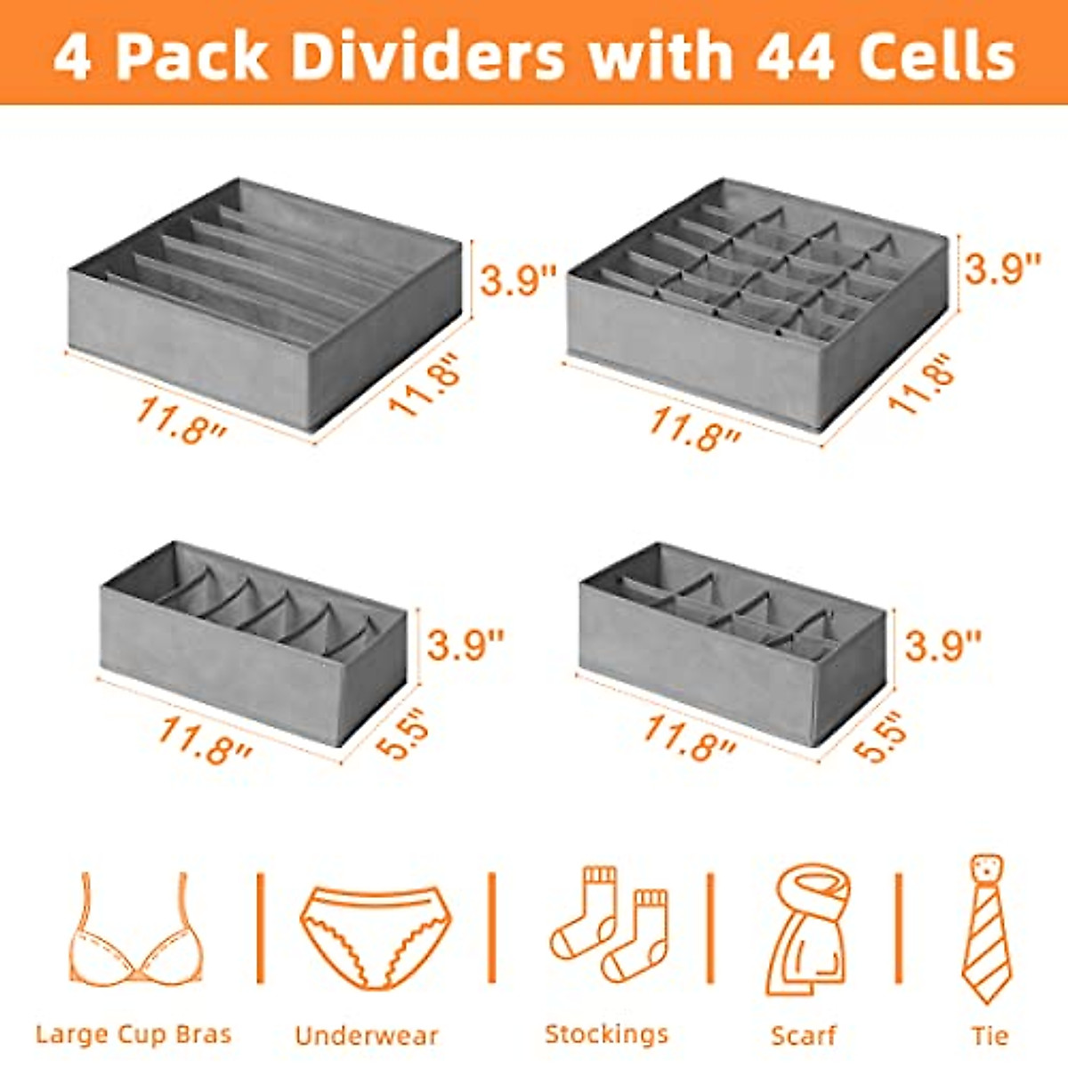Sock Underwear Drawer Organizer Dividers 44 Cell, 4 Pack Underwear Drawer Organizers for Large Bras, Foldable Closet Organizers and Storage for Clothing, Socks, Underwear, Ties (Gray)