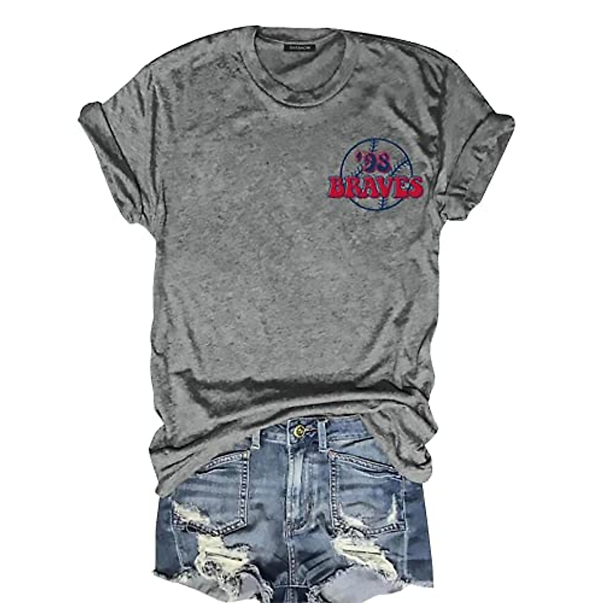 jusgai 98 Braves Shirt Women If We We're A Team Baseball Games Letter Print T-Shirt Baseball Graphic Tee Short Sleeve Shirts(Grey, X-Large)