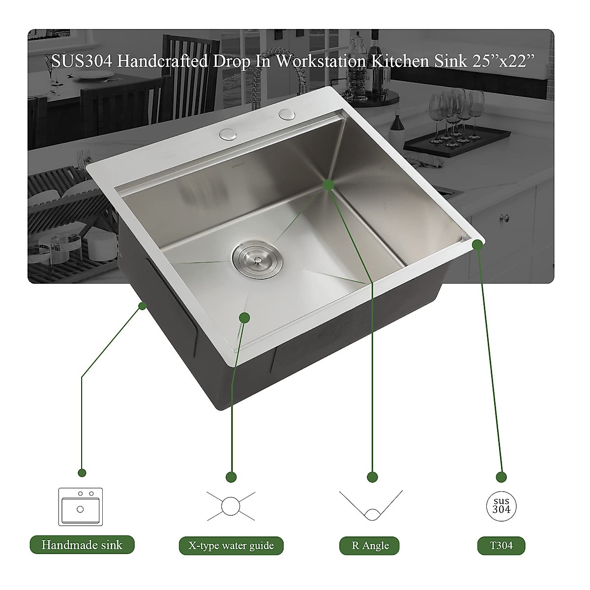 25 Kitchen Sink Drop In - Donsdey 25"x22" Kitchen Sink Ledge Workstation 16 Gauge Stainless Steel Single Bowl Drop In Topmount Laundry Utility Kitchen Sink Basin
