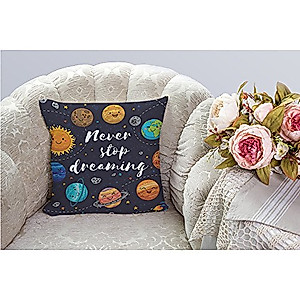 HGOD DESIGNS Outer Space Pillow Case, Cute Planets and Star Cluster Solar System Moon and Comets Sun Cosmos Cotton Linen Cushion Cover Square Standard Home Decorative Throw Pillow 18x18 inch Darkblue