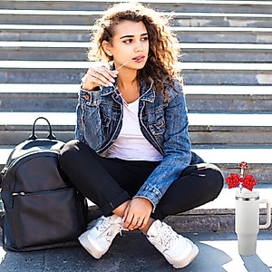 RimCereal 36 Pcs Cheerleading Tumbler Accessories, 12 Pcs 10 mm Straw Cover Straw Toppers, 12 Glitter Bows and 12 Cheerleaders Pendants Charms for Tumblers decor Cheerleading Gifts (Red)