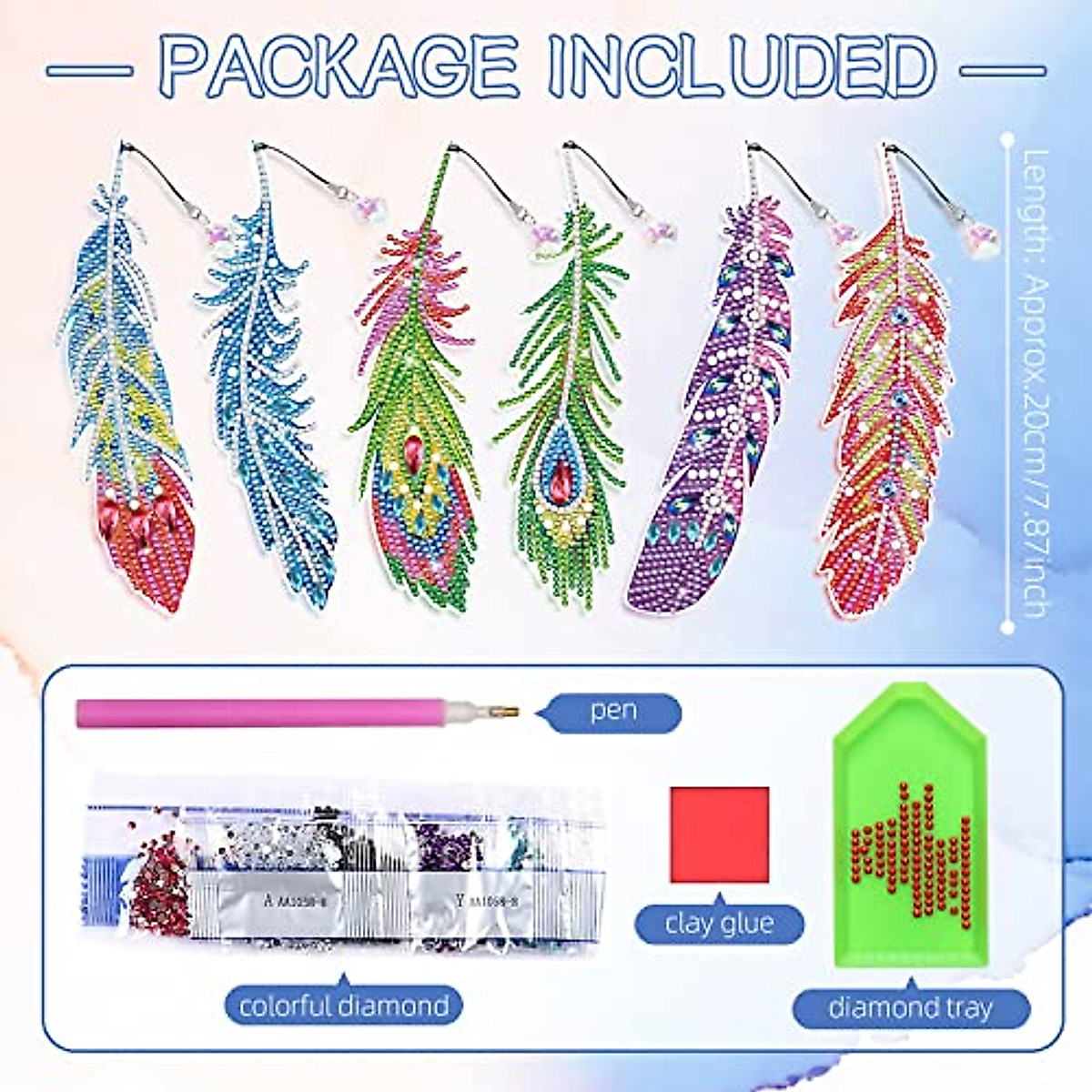 WHATWEARS Feather Diamond Painting Bookmarks 6 Pieces 5D Diamond Drawing Bookmarks Acrylic Art Bookmarks with Tassel Bookmarks for Adults Kids Students Crafts DIY Making Graduation Birthday