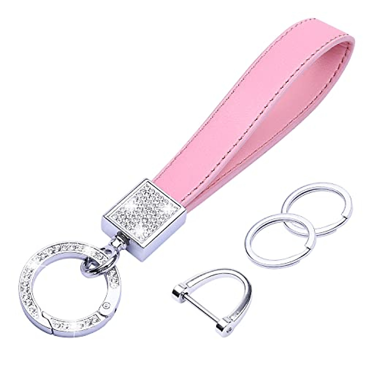 Wisdompro Bling Leather Car Keychain, Universal Genuine Leather Car Keys Keychain Key FOB Keychain, Key Chains Women for Car Keys with Anti-lost D-ring and 2 Keyrings - Pink