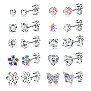 YADOCA 10 Pairs Hypoallergenic Surgical Steel Stud Earrings for Women Girls CZ Heart Butterfly Flower Stud Earrings Set