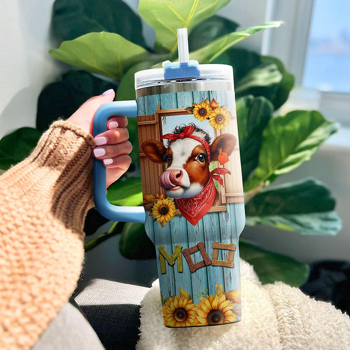 99WHALE Heifer Switch Canvas Sign, Tumbler 40 Oz With Handle Lid And Straw, Blue Handle Light Cup For Navy Brown Coffee Women Print Cows Funny Cups Adults Stainless Steel Royal, Cow Gifts