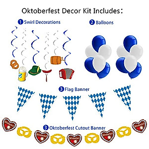 Dazonge 26ct Oktoberfest Decorations Kit | Pre-assembled 12 Oktoberfest Hanging Swirls with Cutouts, 12 Oktoberfest Balloons, 1 Oktoberfest Flag Pennant Banner and 1 Oktoberfest Cutout Garland | Oktoberfest Party Decorations