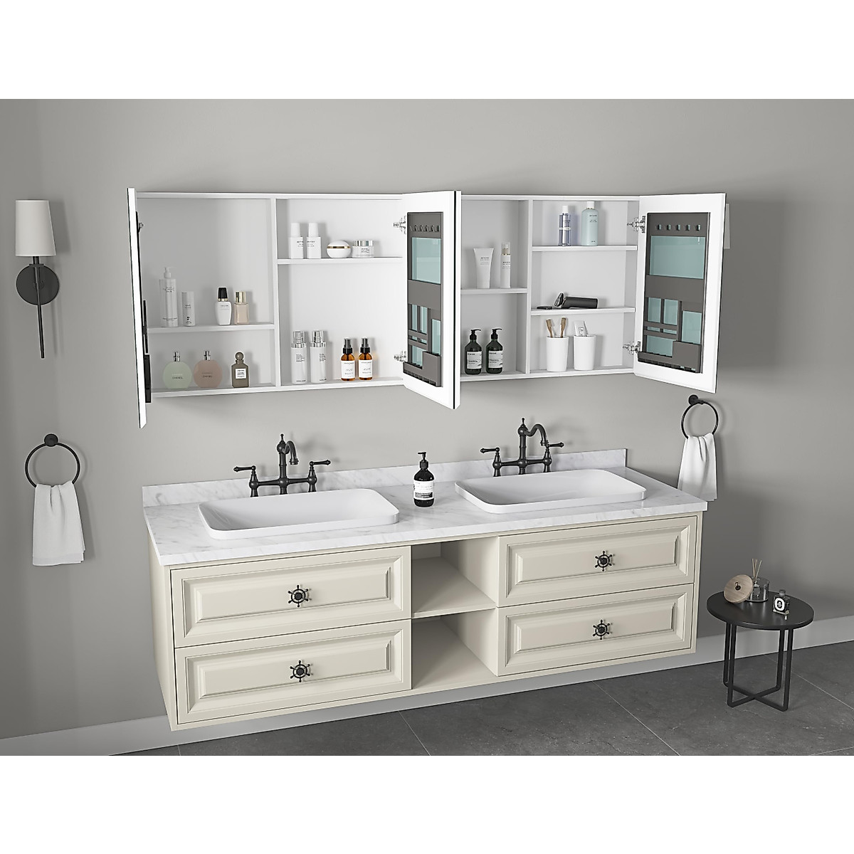 Poeyleja Medicine Cabinet Mirror, 72 * 26 Bathroom Mirror with Storage Recessed or Surface Wall Mounted Medicine Cabinets for Bathroom Waterproof and Rust-Resist Concealed Storage Door