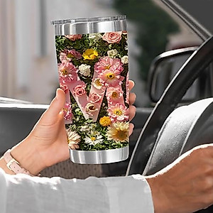 FOCIUZTA 20oz Pink, White & Yellow Floral MOM Lettering Tumbler with lid, Travel Coffee Cup, Ideal for Easter, Mother Day, and birthday gifts