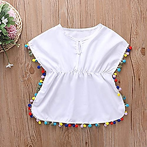 Tiacham Toddler Baby Girls Swimsuit Coverup Beach dresses Tassels Cover Up Pompom Poncho Rash Guards (White, 3-4T)