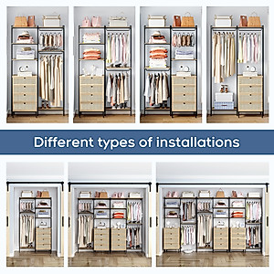 98.04 Inches Closet System, Large Wall Mount Wardrobe Cabinet Clothes Storage and Organizer Heavy-Duty Garment Rack Walk-in Clothes Rack with 8 Natural Rattan Drawers for Bedroom and Walk in Closets