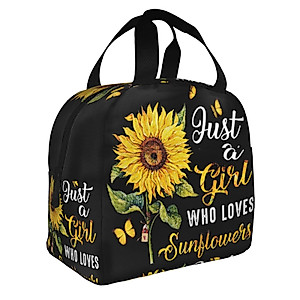 vlaxwaif Just A Girl Who Loves Sunflowers Lunch Box Tote Lunch Bag Insulated Portable Meal Bag Handbags With Front Pocket For Women Men Girls Boys Suitable School Work Picnic