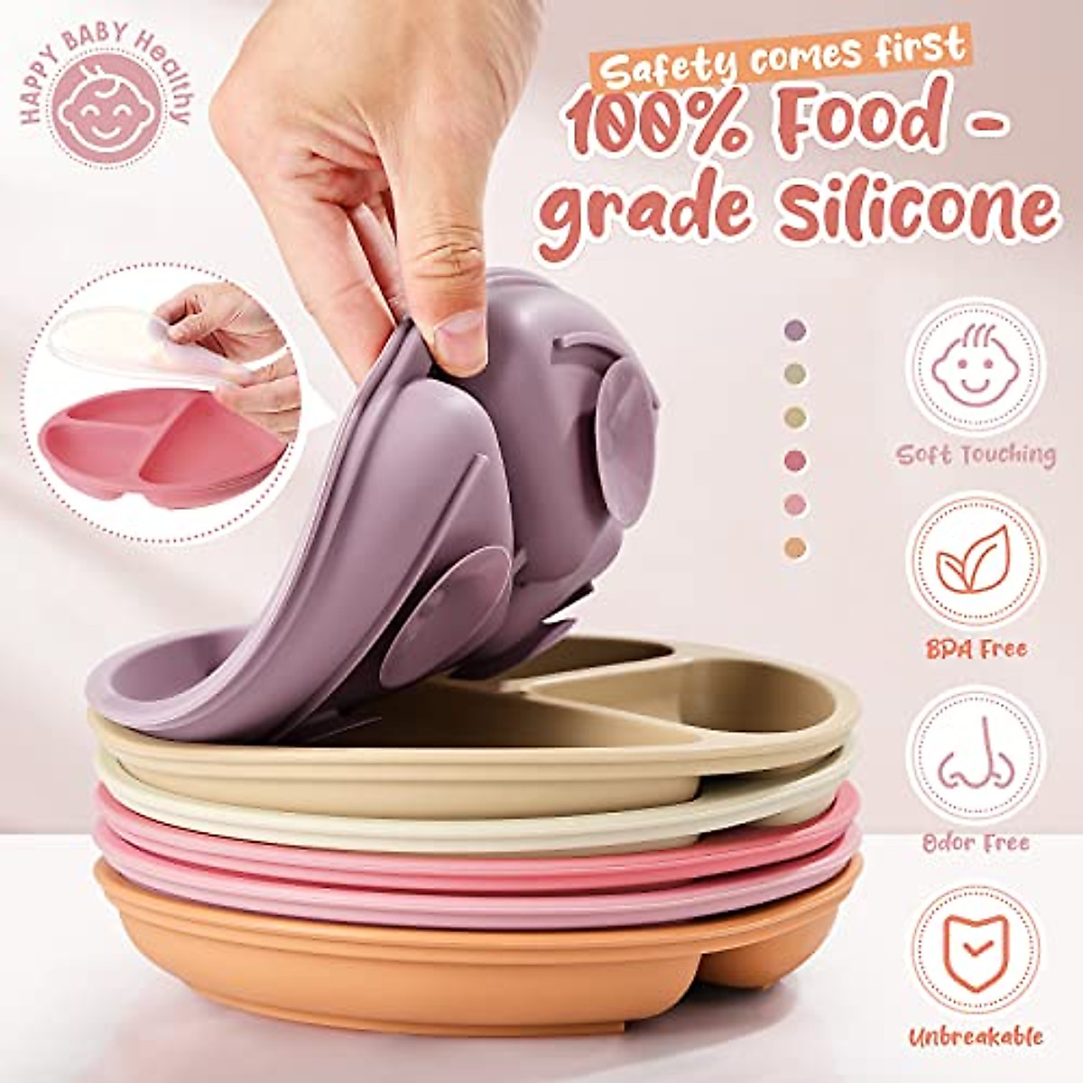 Meanplan Silicone Baby Plates - 6 Pack with Lids
