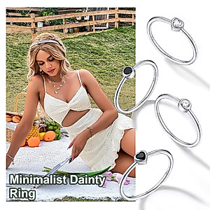 FOCALOOK 925 Sterling Silver Ring for Women, Heart Black Cubic Zirconia CZ Eternity Simple Stackable Engagement Wedding Promise Band Ring for Her Size 9