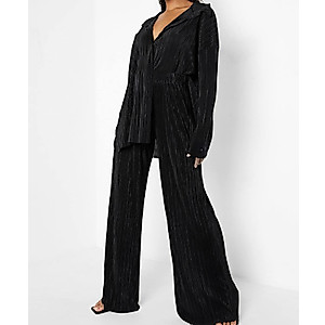 KOLAOYEP 2 Piece Outfits for Women Wide Leg Pants Sets Casual Long Sleeve Button Down Shirt Solid Streetwear Suits