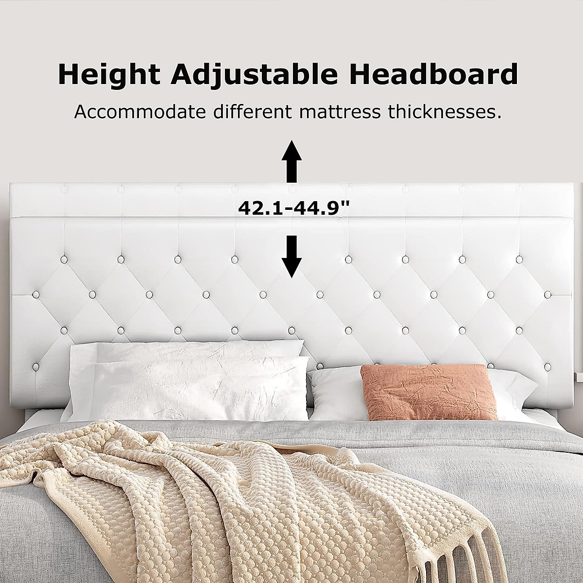 Keyluv Upholstered Platform Bed Frame with Button Tufted Headboard, Faux Leather, Wooden Slats Support, No Box Spring Needed, Easy Assembly, Full Size, White