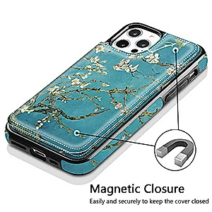 Hoofur iPhone 12 Case, Slim Fit Premium Leather iPhone 12 Pro Wallet Cases Card Slots Shockproof Folio Flip Protective Defender Shell for iPhone 12 Pro (6.1 inch) 2020 (Almond Blossom)