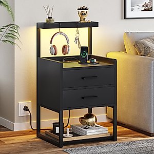 MSmask Black Night Stand with Charging Station, LED Night Stand with 2 Drawers and Open Storage Shelves, Modern Bedside Table with USB Ports&Outlets, End Side Table for Bedroom, Dorm