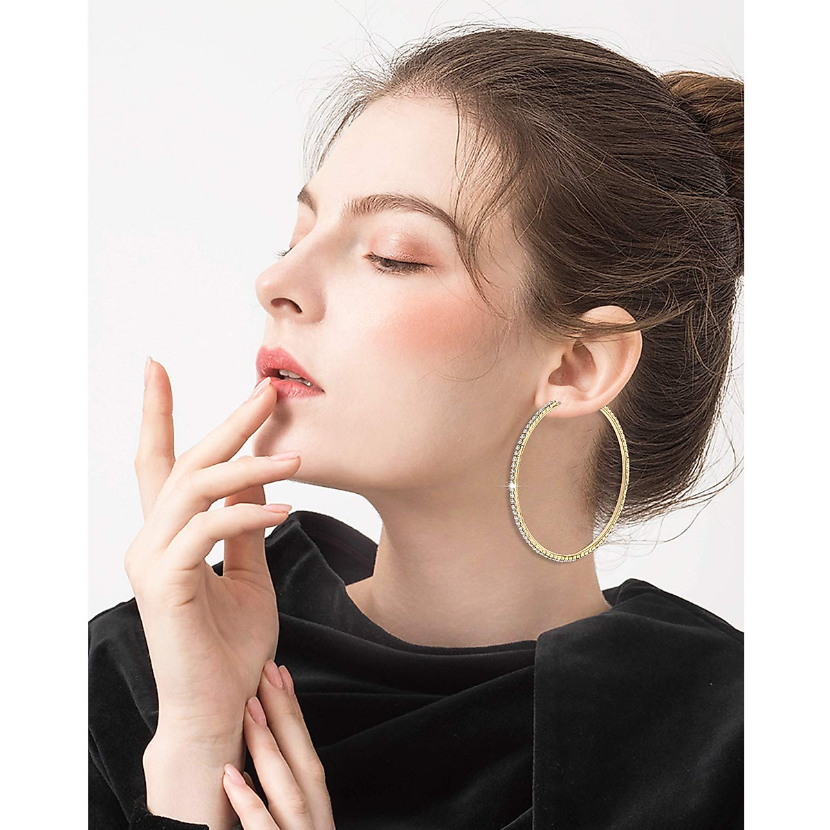 BSJELL Gold Large Hoop Earrings with Rhinestone For Women Big Circle Hoops Dangle Earrings for women Crystal Bridal Wedding Fashion Jewelry