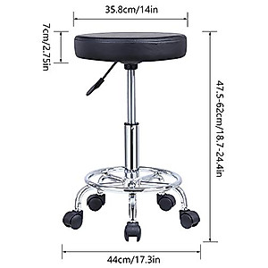 KKTONER PU Leather Round Rolling Stool with Foot Rest Swivel Height Adjustment Spa Drafting Salon Tattoo Work Office Massage Stools Task Chair Cushion 14 inches (Black)